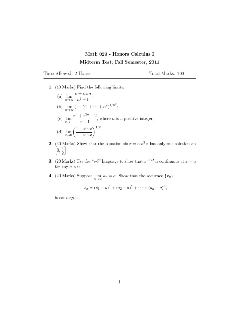 (Honour Calculus HKUST) 1023 - Midtem - 2011 | PDF | Calculus | Number ...