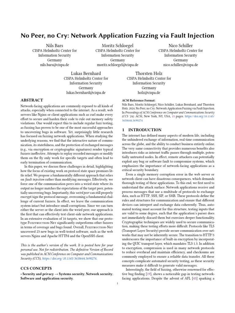 No Peer, No Cry: Network Application Fuzzing Via Fault Injection | PDF | Computer Network ...