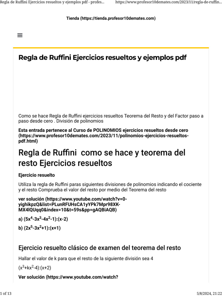 Ejercicios Resueltos de Ruffini | PDF | Álgebra | Álgebra abstracta