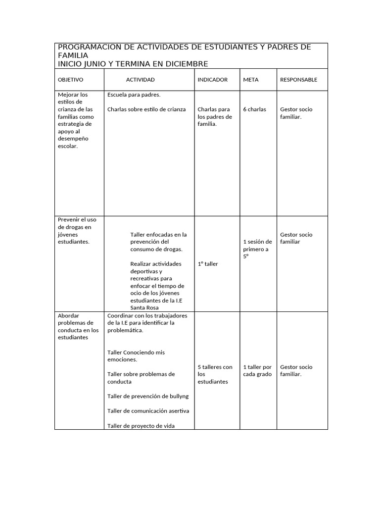 Actividades para Padres y Estudiantes 2023 | PDF | Salud y bienestar
