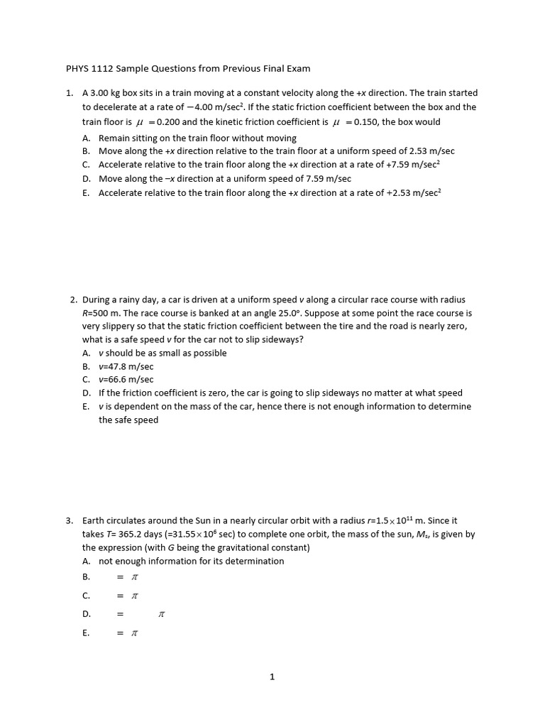 PHYS1112 Final Sample Questions | PDF | Gases | Temperature