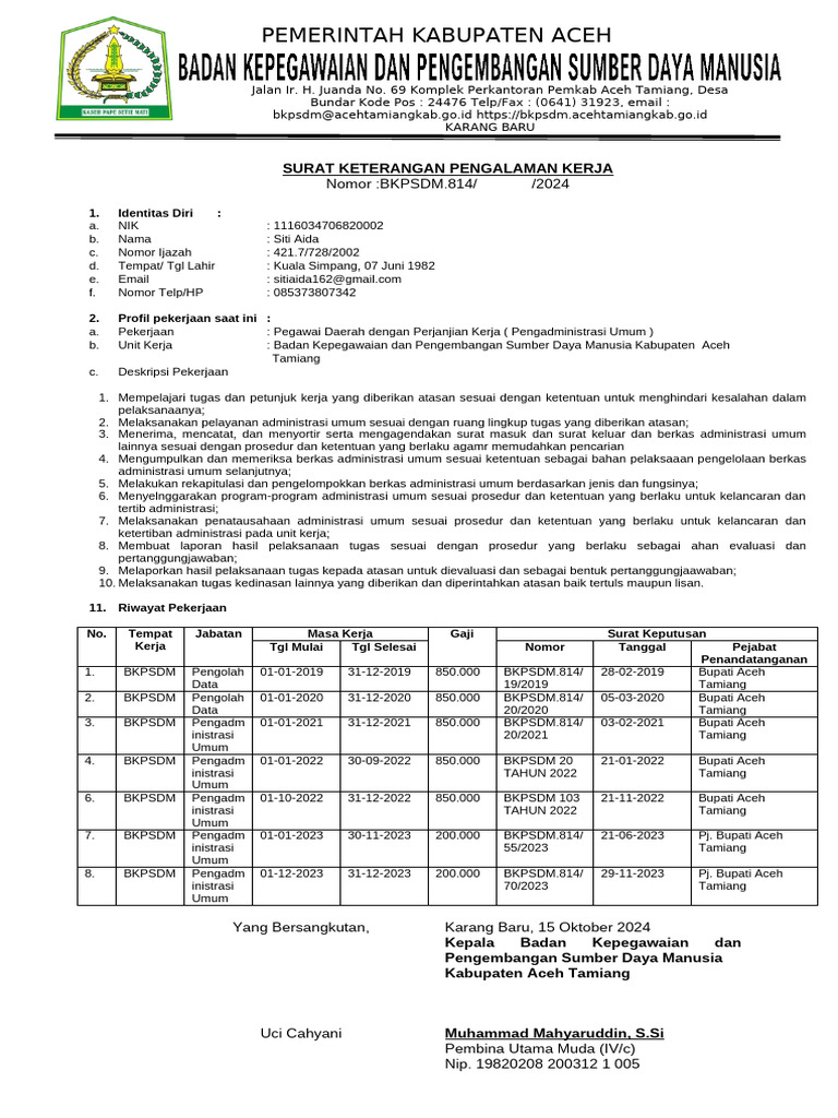 Kop Pernyataan Pengalaman Kerja Siti Aida | PDF