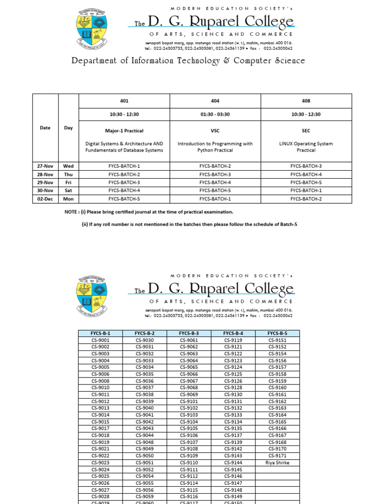FYCS FYIT SEM-I (NEP) Regular Practical Examination Time Table | PDF ...