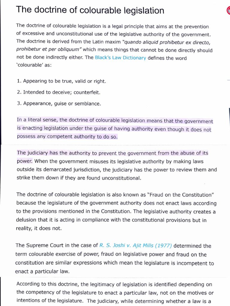 Constitutional Interpretation - Colourable Legislation | PDF
