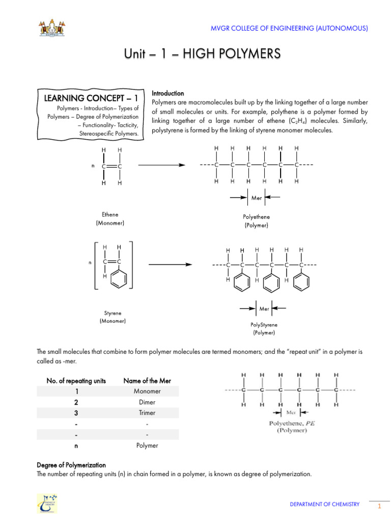 Unit - 1 - High Polymers | PDF | Polymers | Polymerization