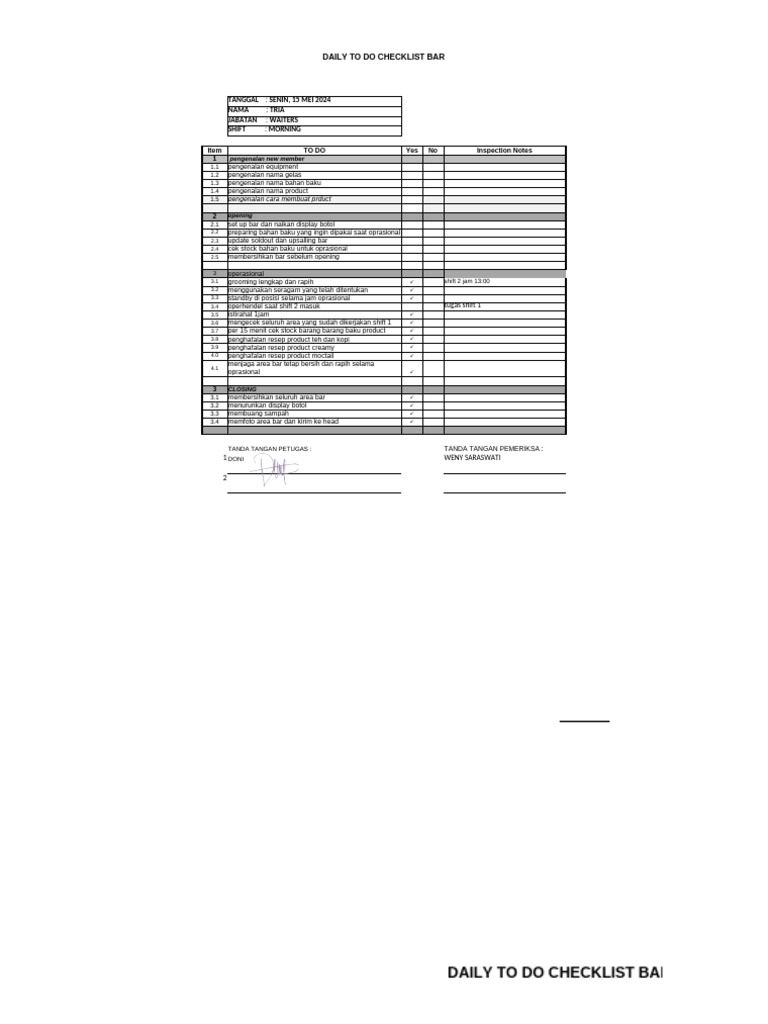 Daily To Do Checklist Form Bar 2024 | PDF | Memasak, Makanan, & Anggur