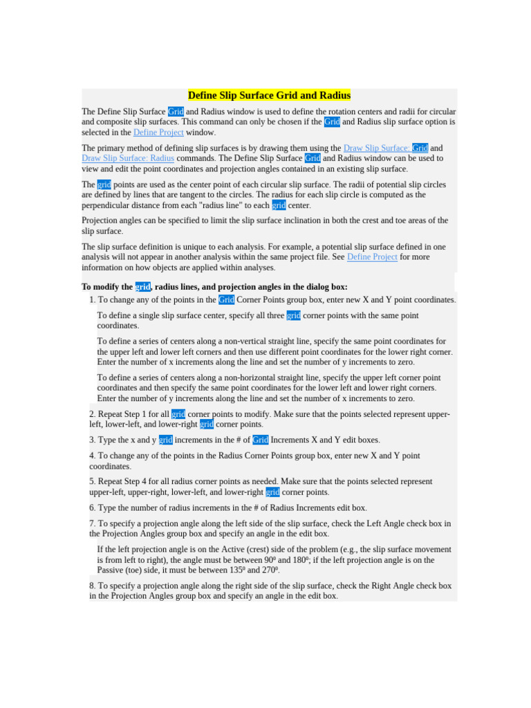 Define Slip Surface Grid & Radius Settings | PDF | Cartesian Coordinate ...
