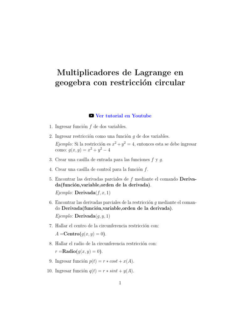 Multiplicadores de Lagrange Geogebra PDF | PDF | Función (Matemáticas) | Ecuaciones