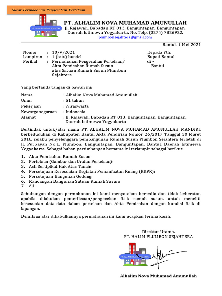 12 - Surat Permohonan Pengesahan Pertelaan | PDF