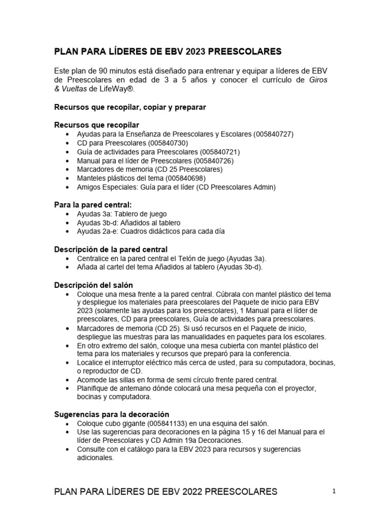 Plan para Líderes de Ebv 2023 Preescolares Giros y Vueltas | PDF ...