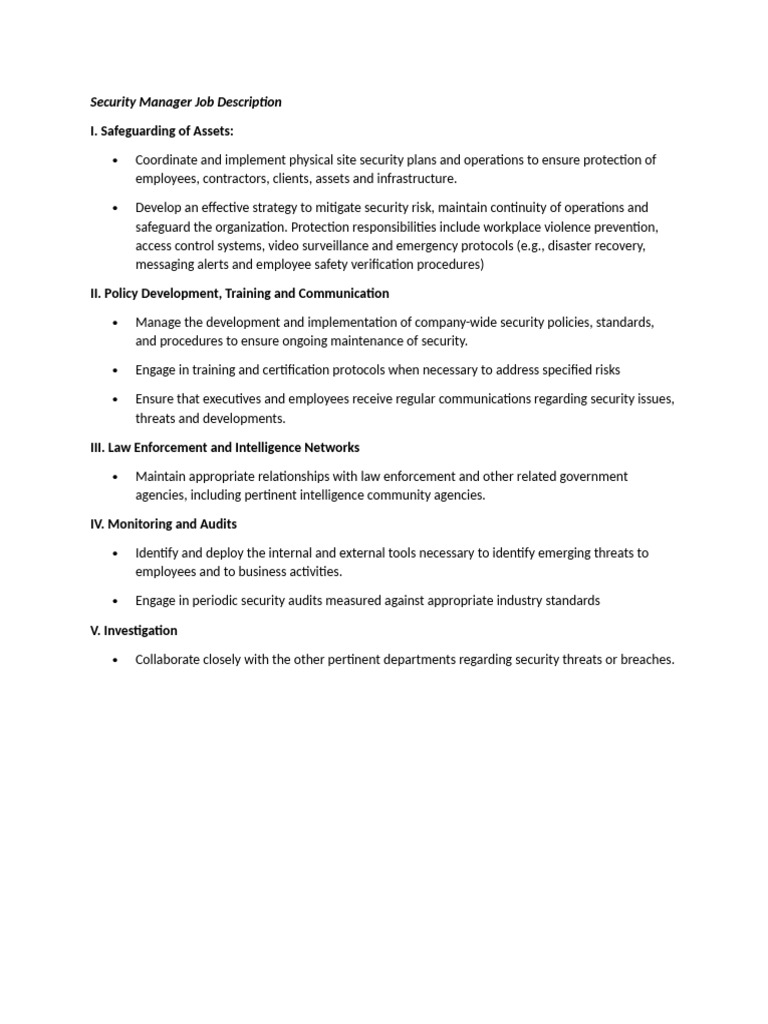 Security Manager Job Description | PDF