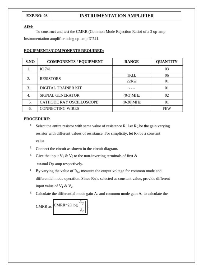 CMRR Testing of 3-Op-Amp Amplifier | PDF | Operational Amplifier ...