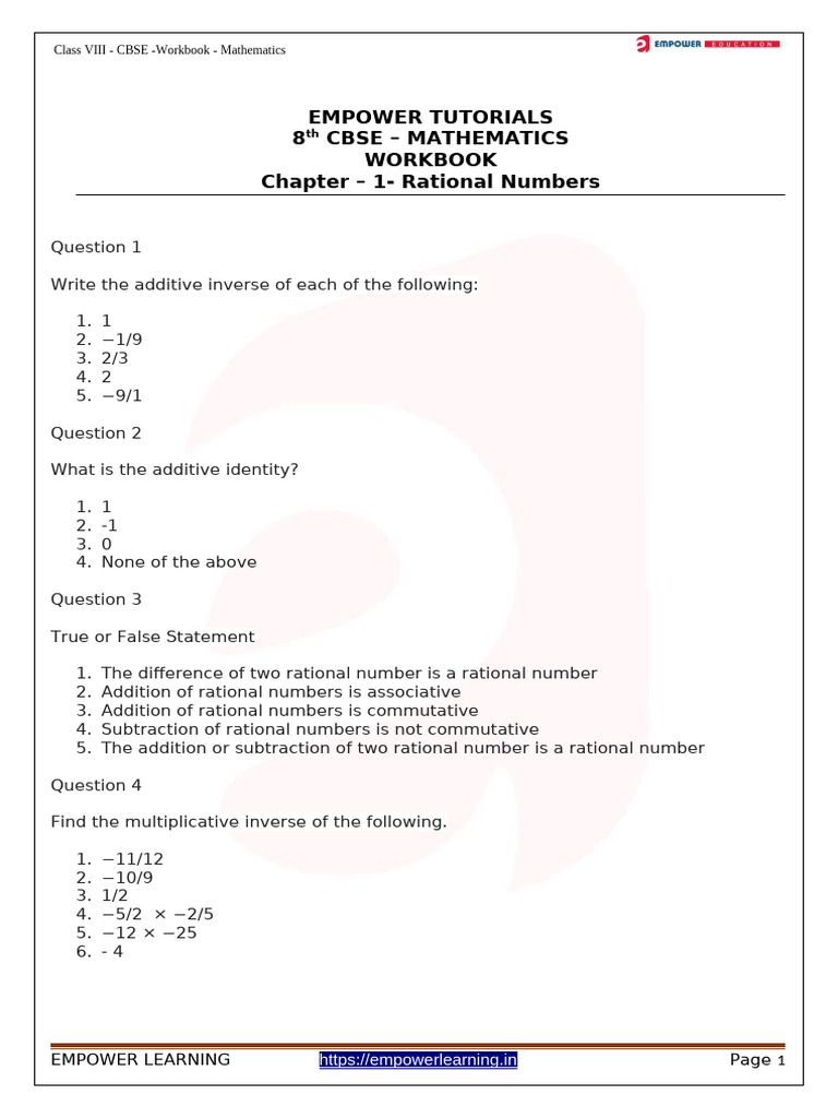 Chapter - 1 Rational Numbers | PDF | Career & Growth | Teaching Methods ...
