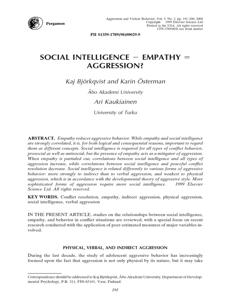 Social Intelligence Empathy Aggression | PDF | Aggression | Intelligence