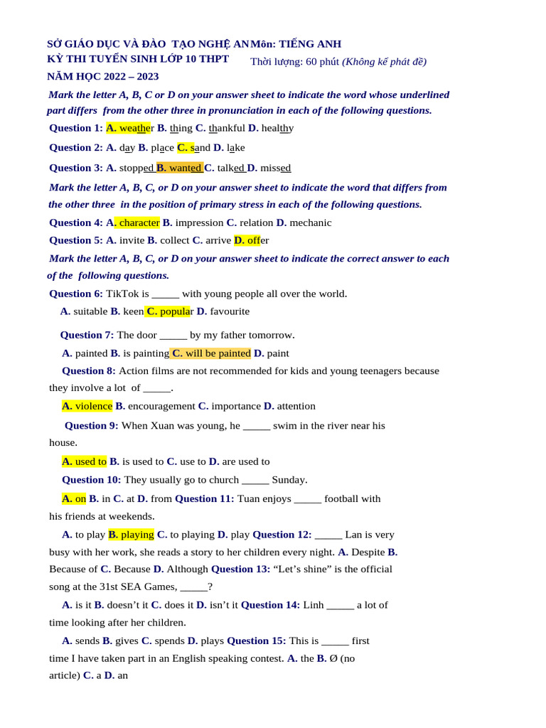 English 10th Grade Entrance Exam 2022 | PDF | Curry