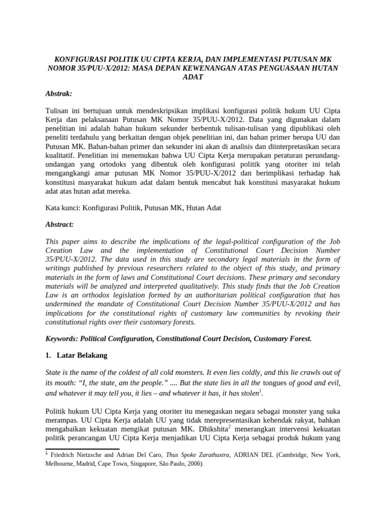 Konfigurasi Politik Uu Cipta Kerja, Dan Implementasi Putusan MK Nomor 35 - Puu-X - 2012 - Masa ...