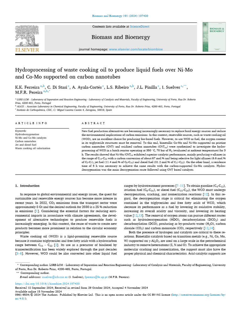Hydroprocessing of Waste Cooking Oil To Produce Liquid Fuels Over Ni-Mo and Co-Mo Supported On ...