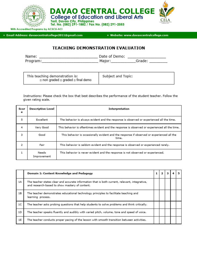 Evaluation Tool Teaching Demonstration 1 | PDF | Teachers | Educational ...