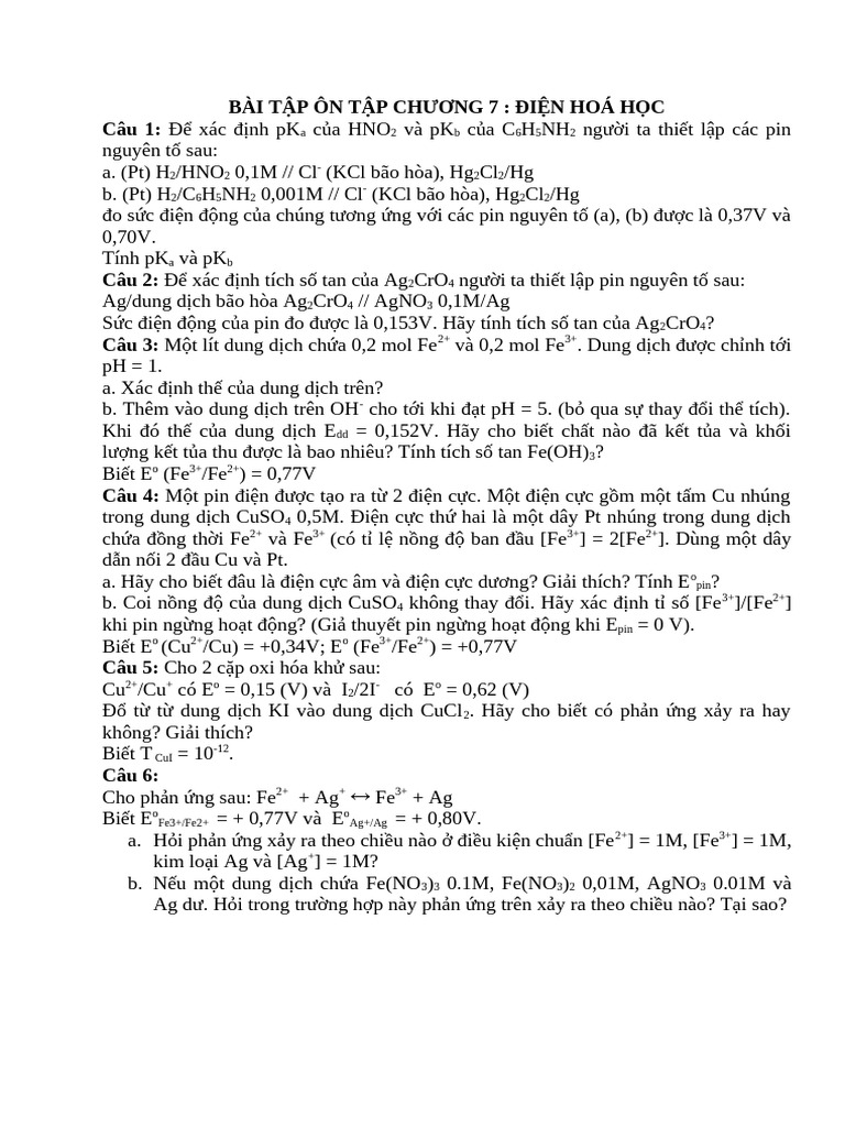 BT Chuong 7 - Dien Hoa Hoc | PDF