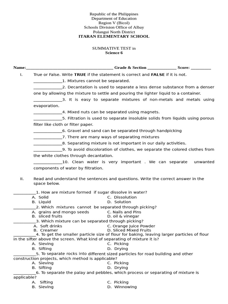 Summative Test in Science 6-Separating Mixture | PDF | Filtration | Mixture