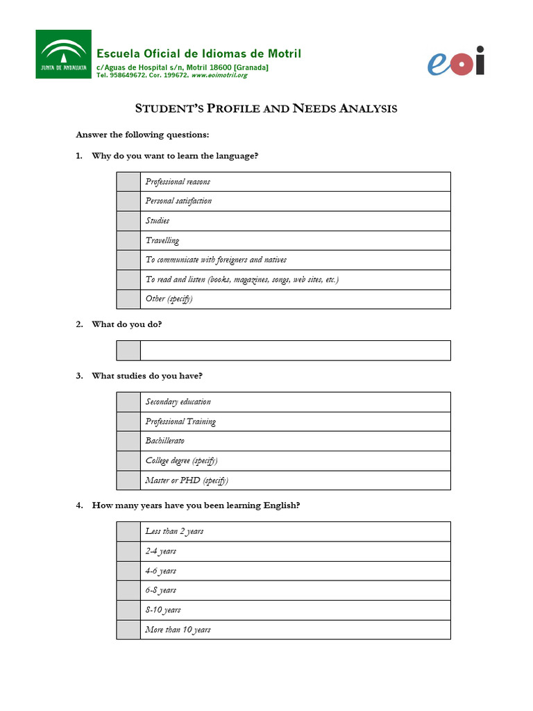 Student Needs Analysis for English Learning | PDF | English Language ...