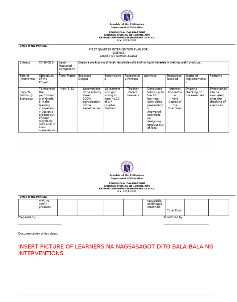 SAMPLE Intervention Plan Template REYMAR COMPOUND ELEMENTARY SCHOOL ...
