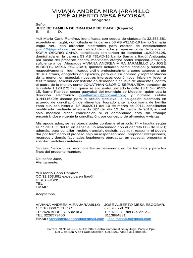 Poder Demanda Ejecutiva de Alimentos Yuli Maria Cano - R | PDF | Documento de identidad