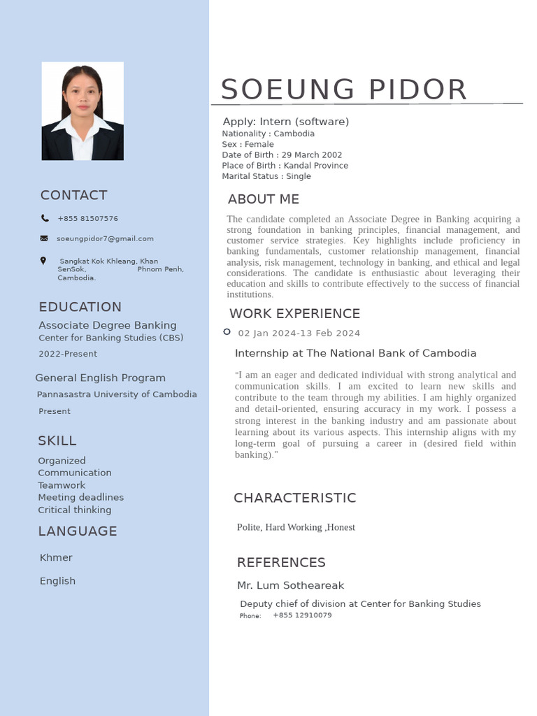 Soeung Pidor CV Intern (Software) | PDF | Cambodia