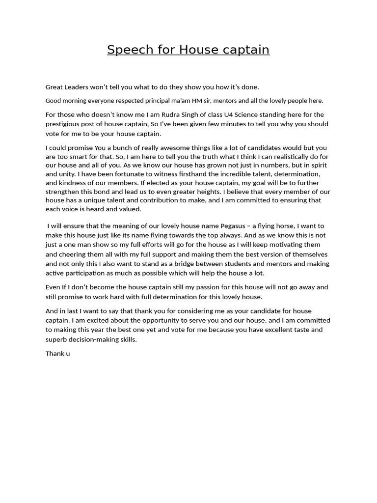 Speech For House Captain | PDF | Career & Growth