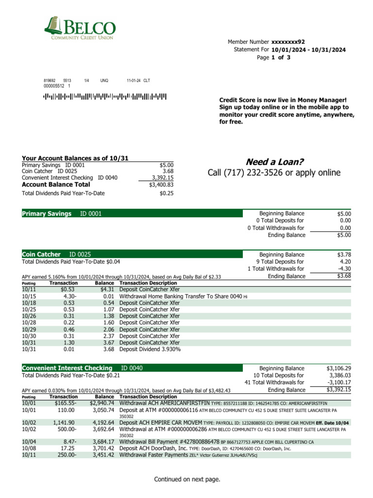 Statement of Account: Call (717) 232-3526 or Apply Online | PDF ...