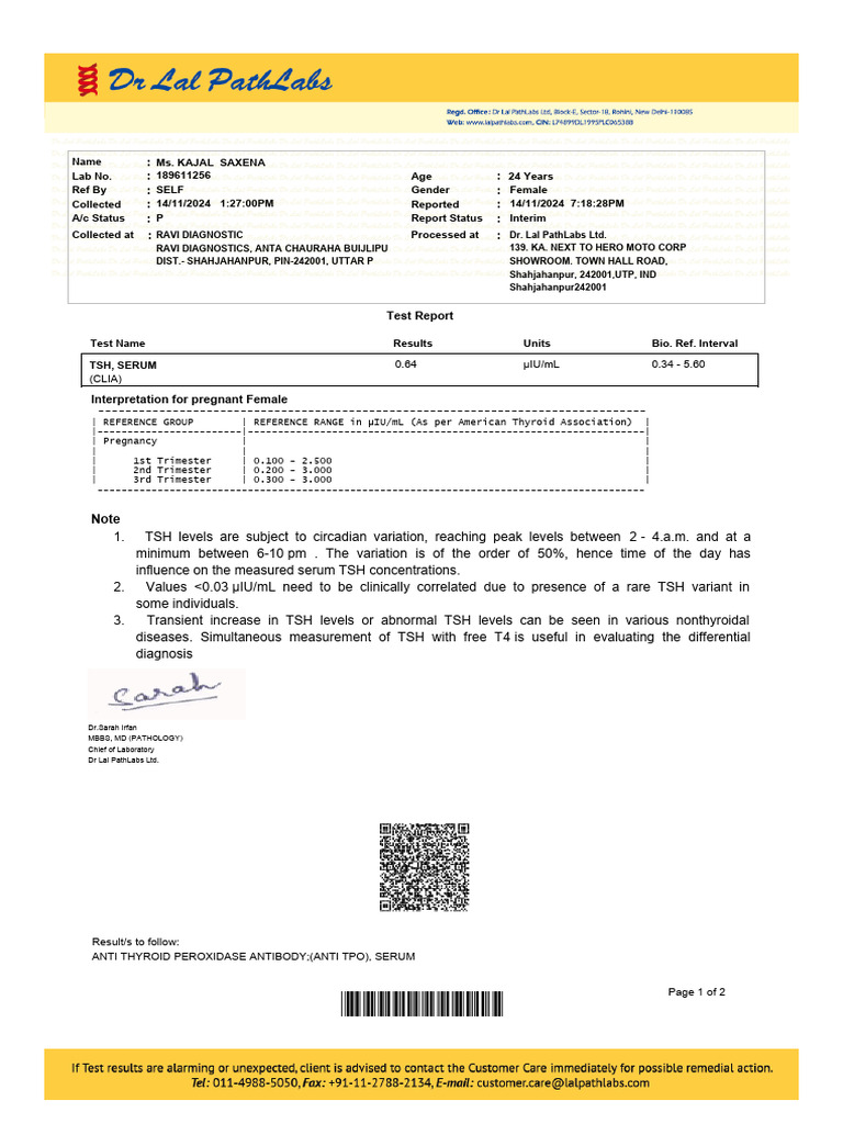 TSH Serum Test Report for Pregnant Female | PDF | Thyroid Stimulating ...