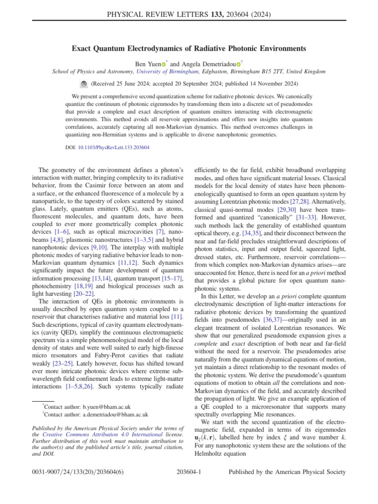 PhysRevLett.133.203604 | PDF | Quantization (Physics) | Photon