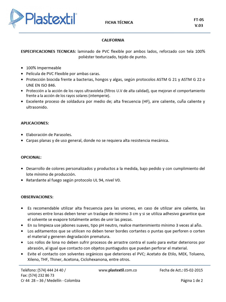 Ficha Tecnica Lona California | PDF | Textiles | Materiales