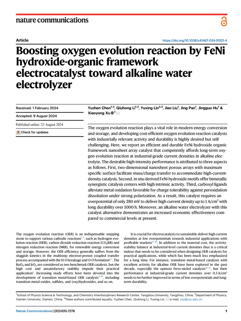 Boosting Oxygen Evolution Reaction by FeNi Hydroxide-Organic Framework ...