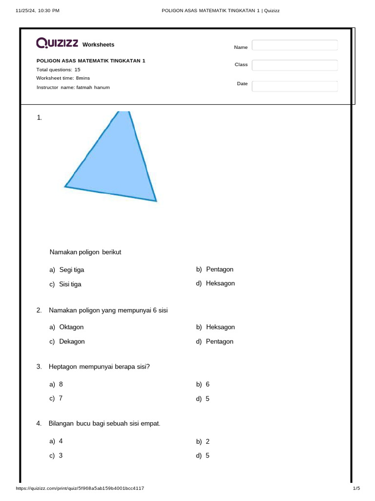 POLIGON ASAS MATEMATIK TINGKATAN 1 - Quizizz | PDF