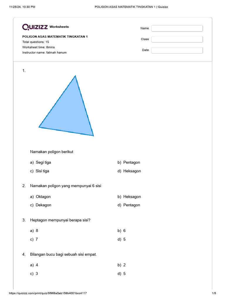 Poligon Asas Matematik Tingkatan 1 Quizizz Pdf