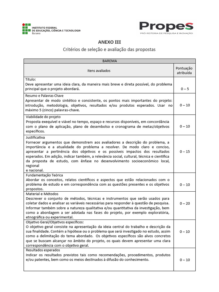 Critérios de Avaliação de Projetos BAREMA | PDF | Science