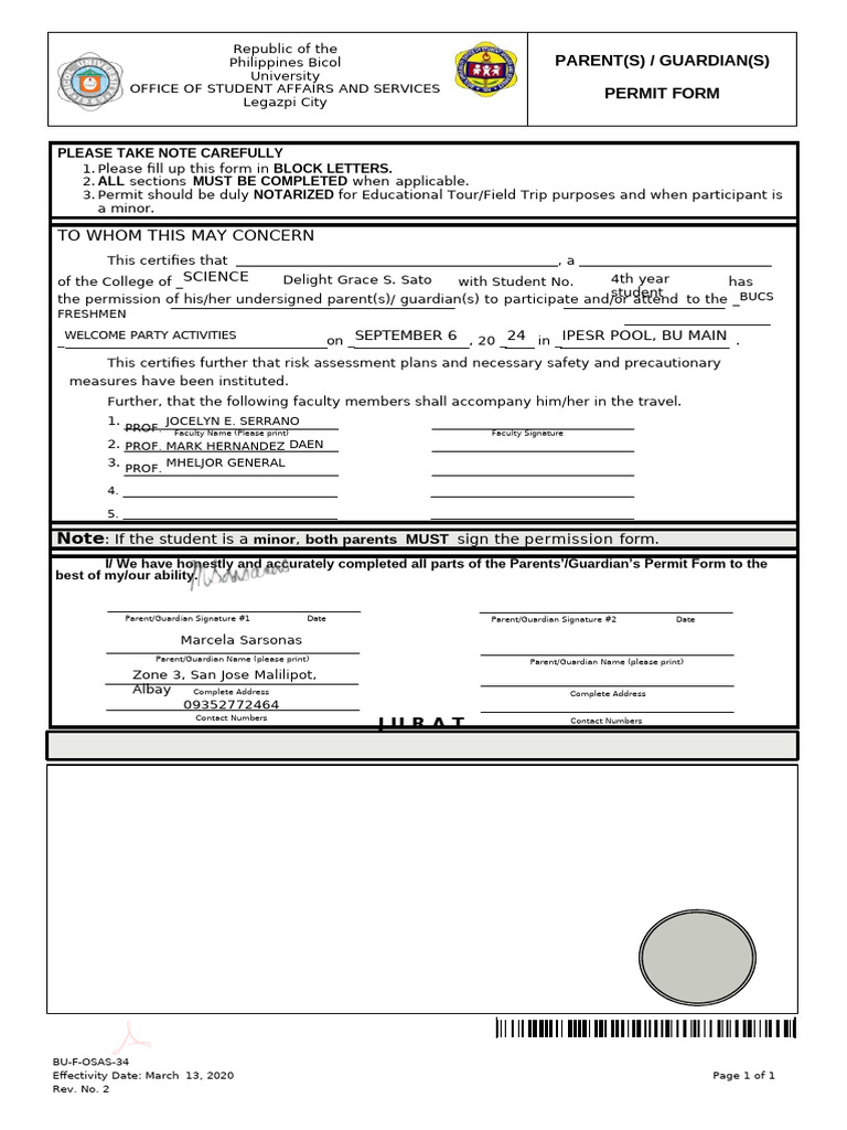 Parents Permit - JURAT Freshmen Welcome Party | PDF