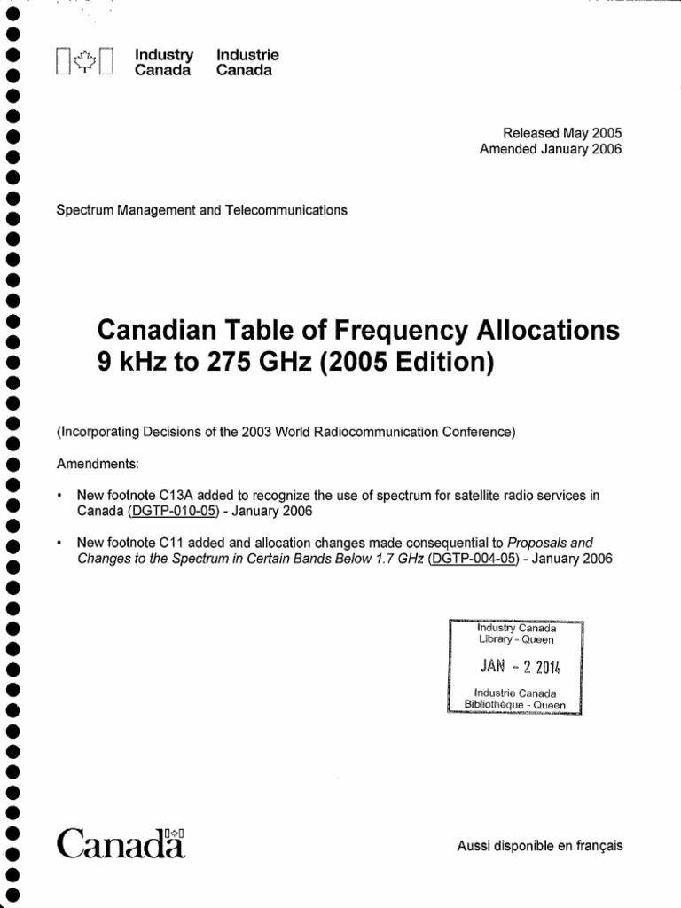 Canadian Table of Frequency Allocations, 9 KHZ To 275 GHZ, 2006 | PDF ...