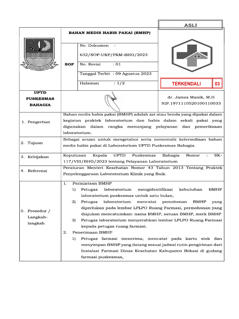 632 - Sop Bahan Medis Habis Pakai (BMHP) | PDF