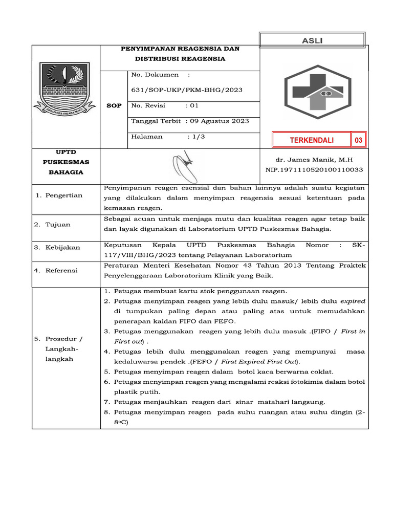 631 - Sop Penyimpanan Reagensia Dan Distribusi Reagensia | PDF