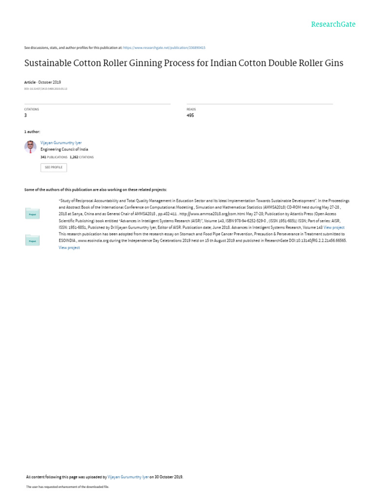 Sustainable Cotton Roller Ginning Process For Indian Cotton Double ...