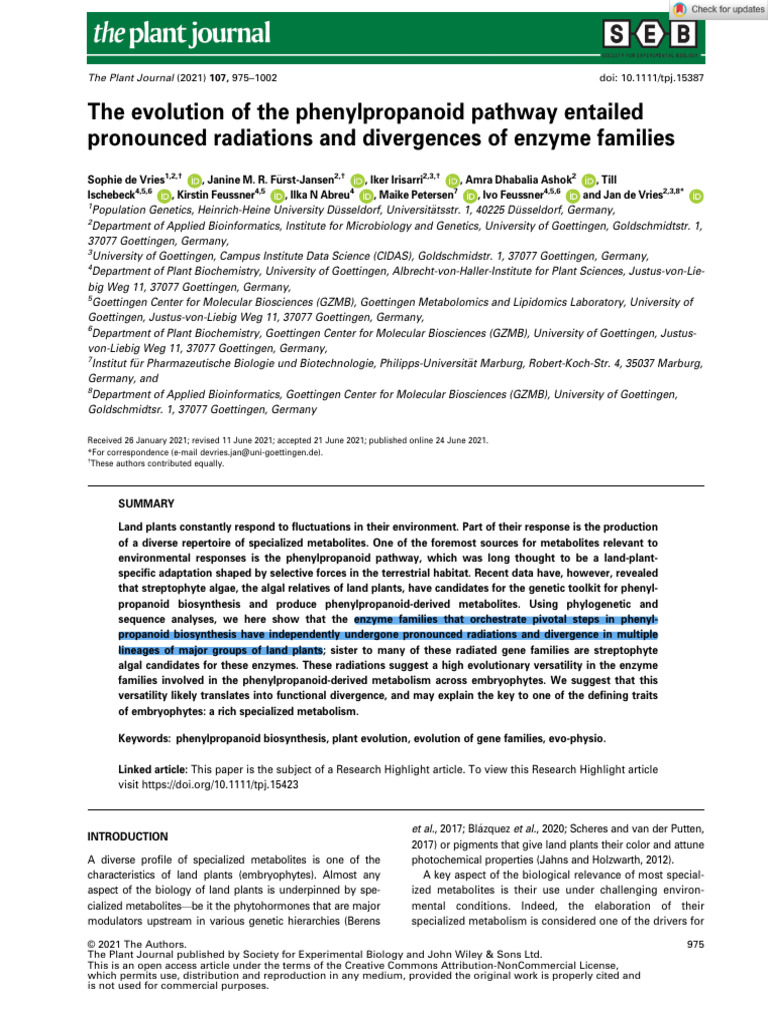 The Plant Journal - 2021 - Vries - The Evolution of The Phenylpropanoid ...