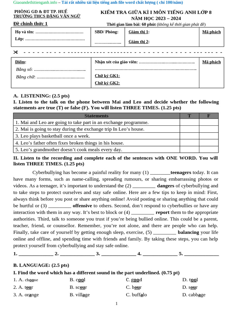 ĐỀ GIỮA HỌC KỲ 1 TIẾNG ANH 8 | PDF | Cyberbullying