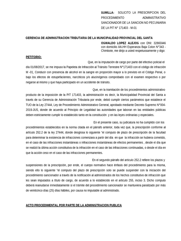 Solicito PRESCRICION - M-01.............. SANCION NO PECUNIARIA ...