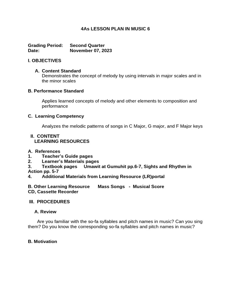 4as Wk1-2 Esson Plan in Music 6 | PDF | Lesson Plan | Learning