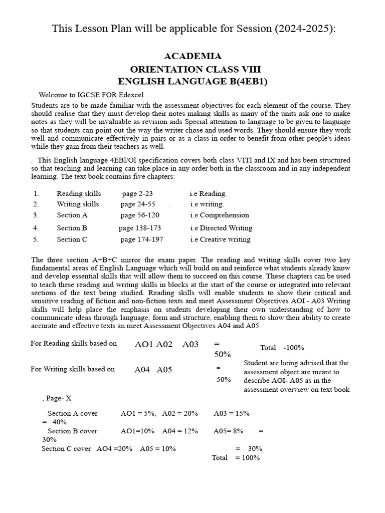 English (MMI) (Class 8 Edexcel Half Yearly Lesson Plan 2024-2025 ...