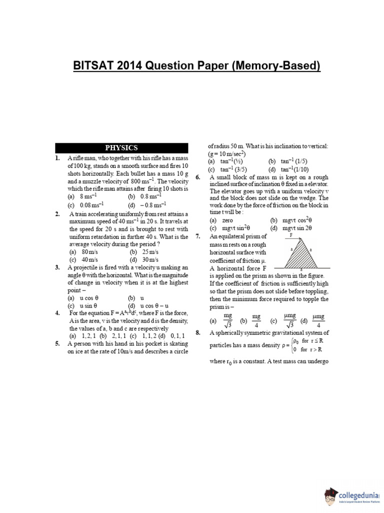 BITSAT 2014 Question Paper (Memory-Based) | PDF | Atomic Nucleus | Force