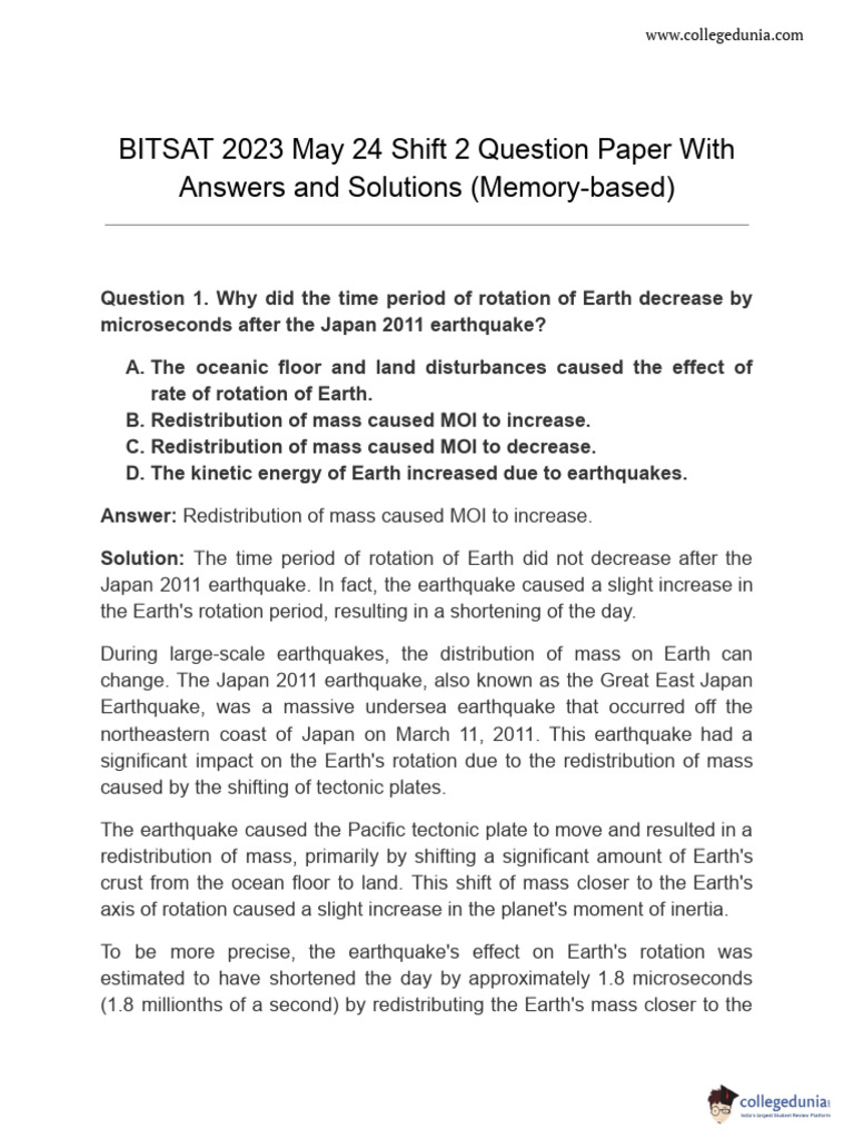 BITSAT 2023 May 24 Shift 2 Question Paper With Answers and Solutions ...
