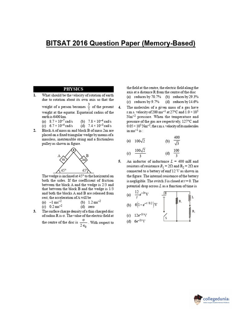BITSAT 2016 Question Paper (Memory-Based) | PDF | Electrical Resistance ...